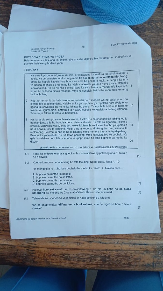 Sesotho Puo ya Lapeng Grade 12. Task 5 POTSO YA 5: TEMA YA PROSA Bala te..