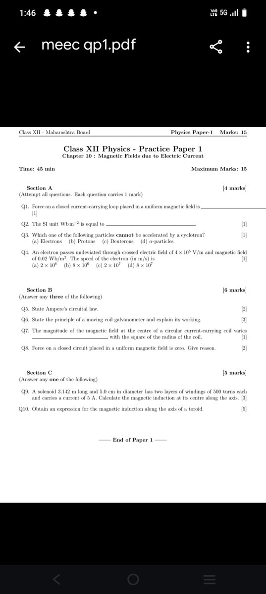 Class XII Physics - Practice Paper 1 Chapter 10: Magnetic Fields due to E..