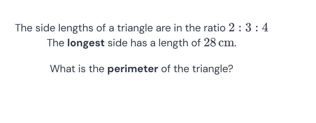 The side lengths of a triangle are in the ratio 2 : 3 : 4 The longest sid..