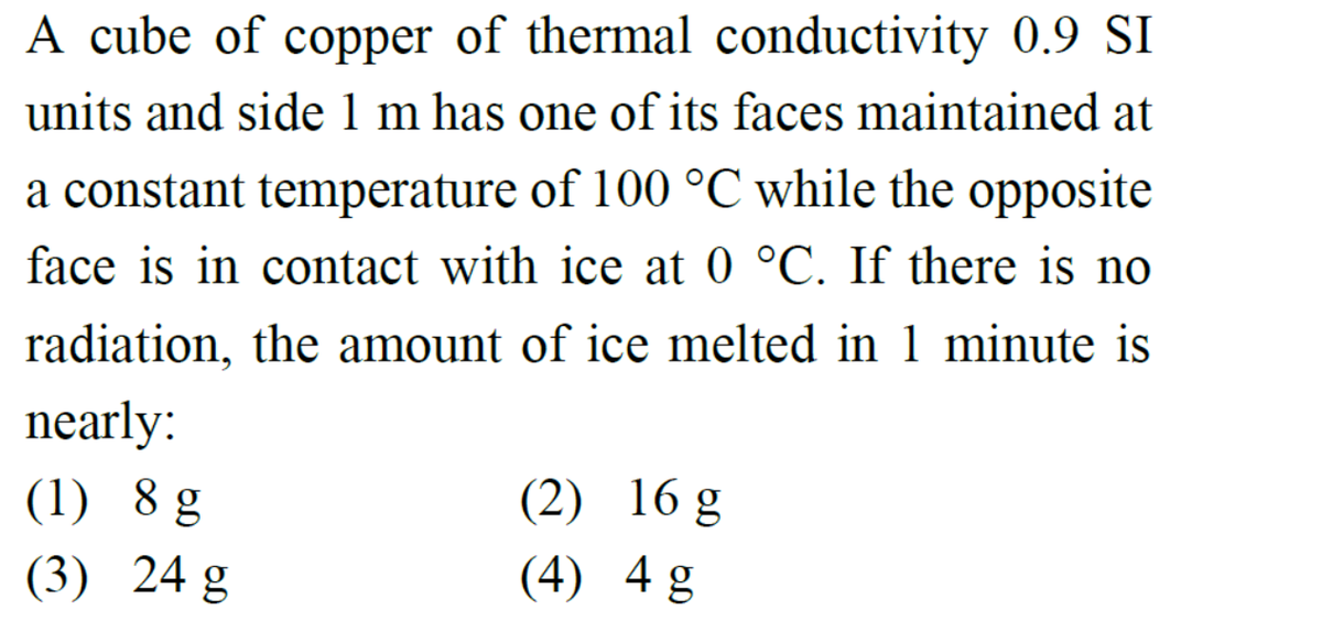 A cube of copper of thermal conductivity 0.9 SI units and side 1 m has on..