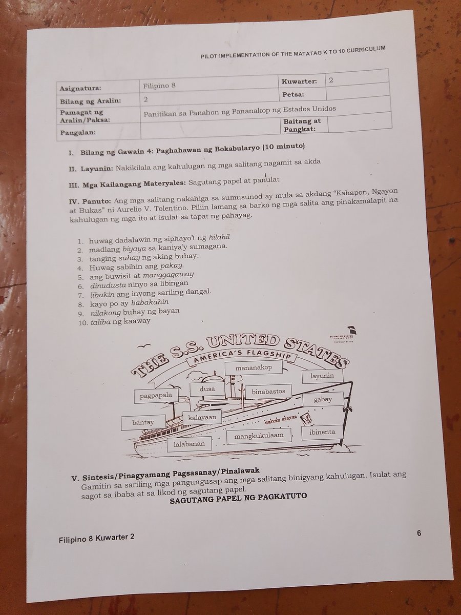 I. Bilang ng Gawain 4: Paghahawan ng Bokabularyo (10 minuto) II. Layunin..