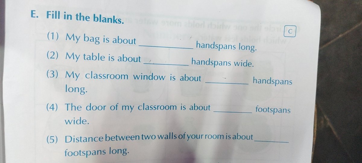 Fill in the blanks with approximate measurements using handspans and foot..
