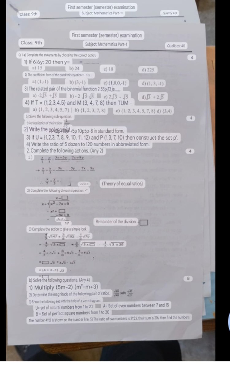 Class 9th Mathematics Part-1 First Semester Examination Q.1a) Complete t..