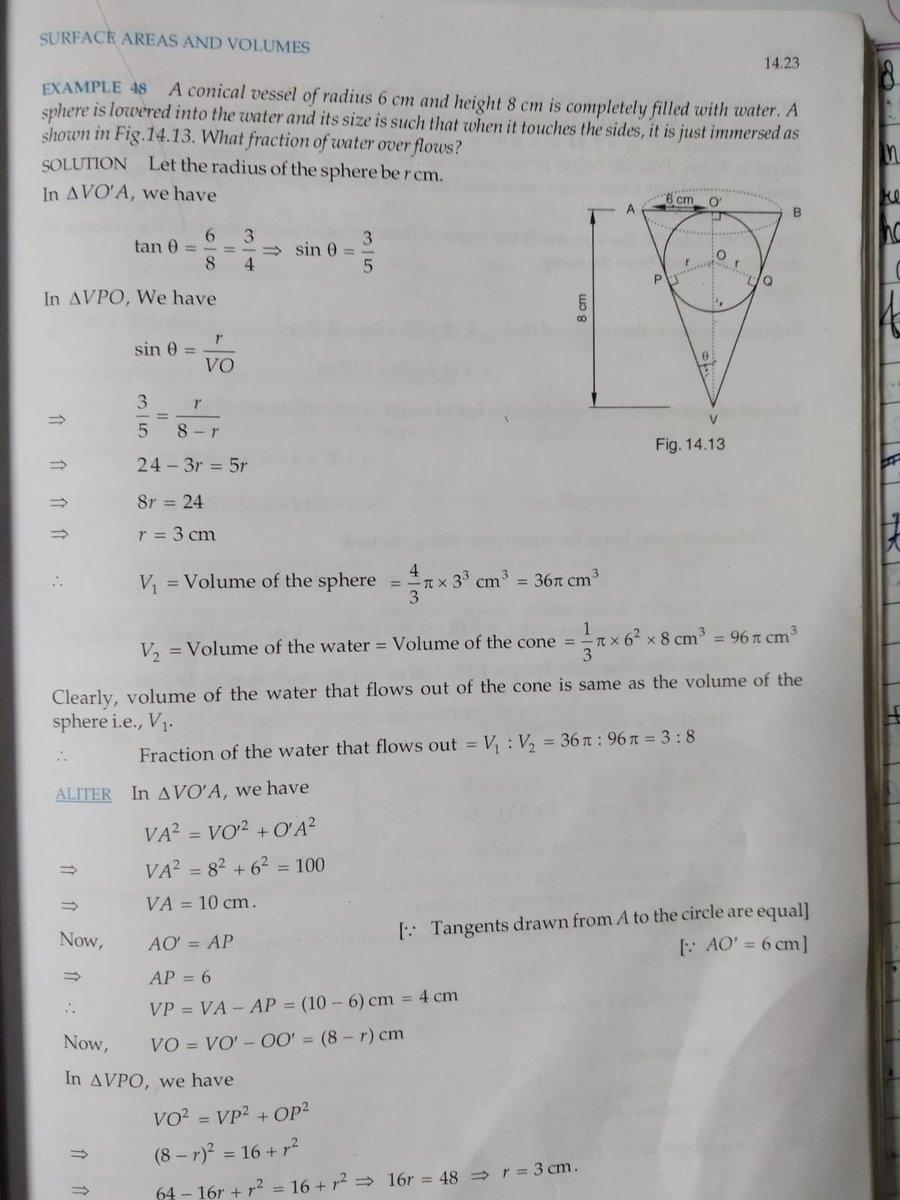 SURFACE AREAS AND VOLUMES 14.23 EXAMPLE 48 A conical vessel of radius 6