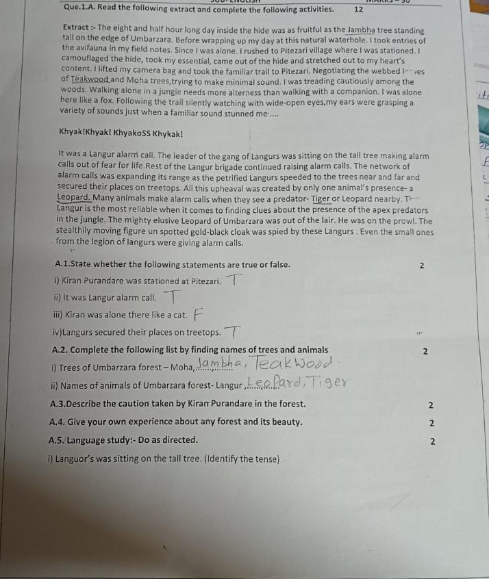 Que.1.A. Read the following extract and complete the following activities..