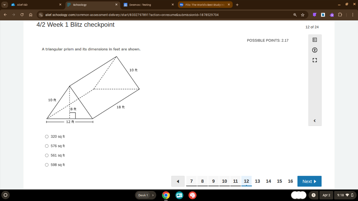 A triangular prism and its dimensions in feet are shown. [Diagram of a t..
