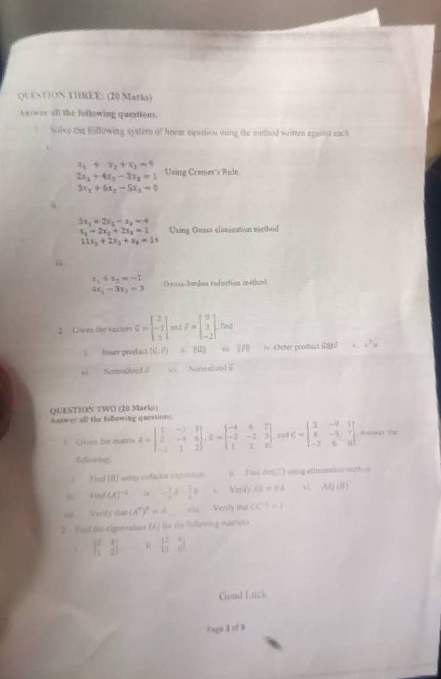 Solve the following system of linear equations using the method written a..