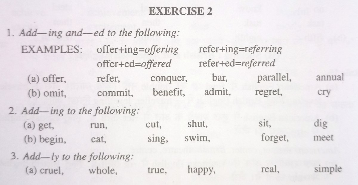 Exercises on Adding Suffixes Add -ing and -ed to the following: (a)..