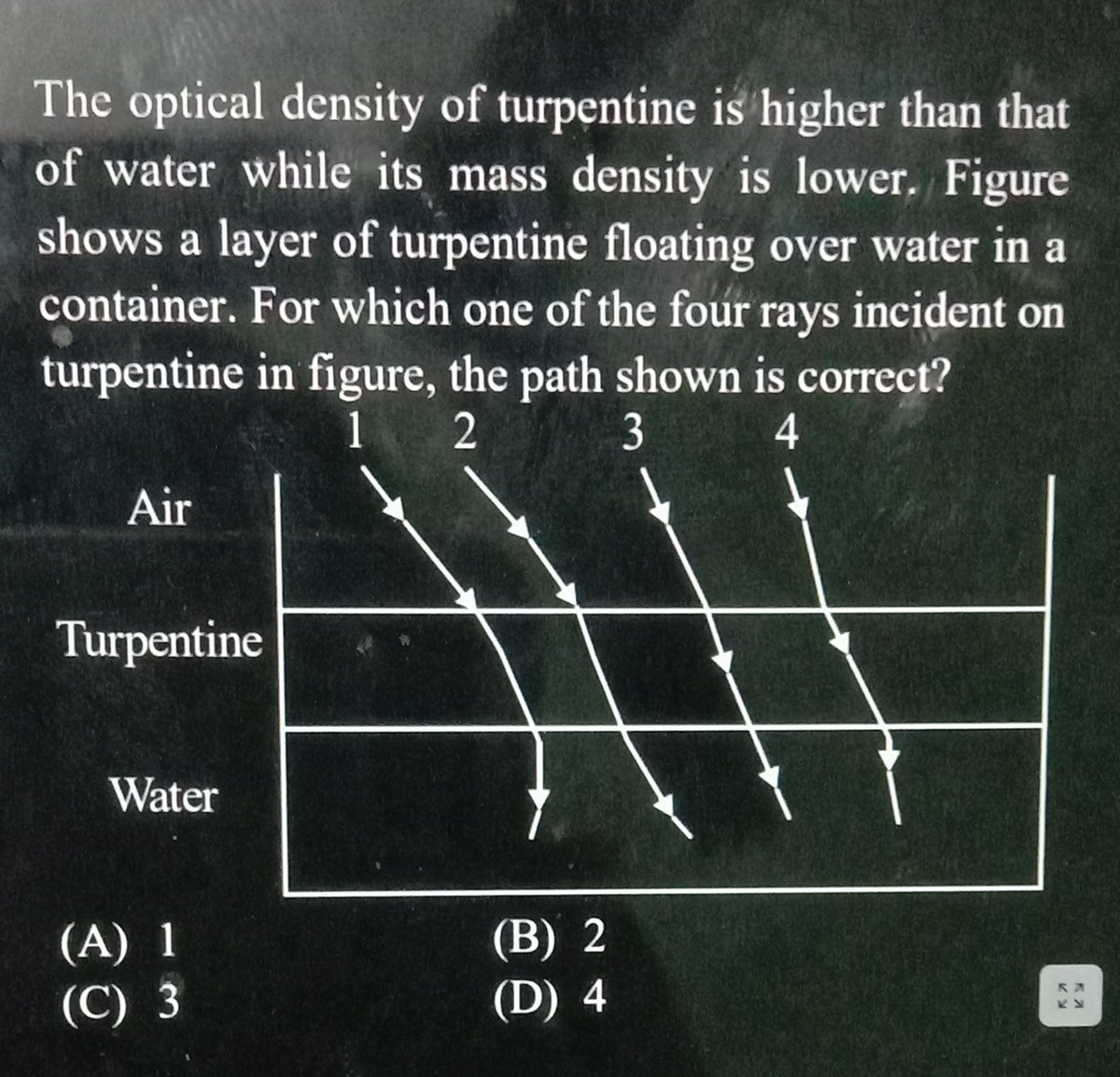 The optical density of turpentine is higher than that of water while its