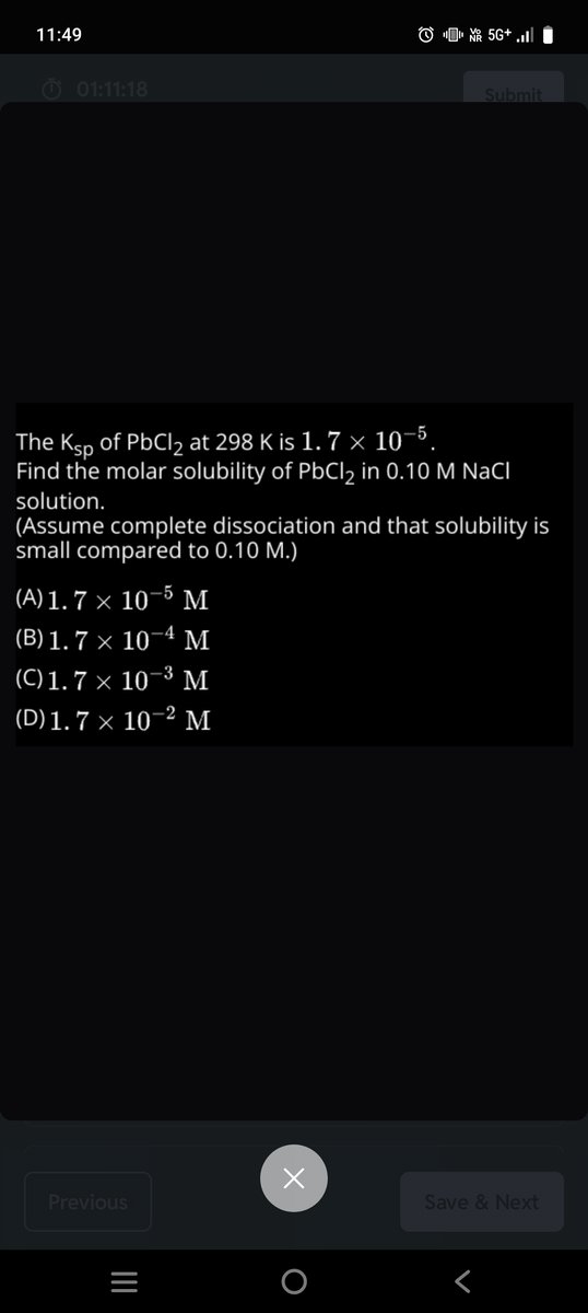 The Ksp of PbCl2 at 298 K is 1.7 × 10⁻⁵. Find the molar solubility of PbC..