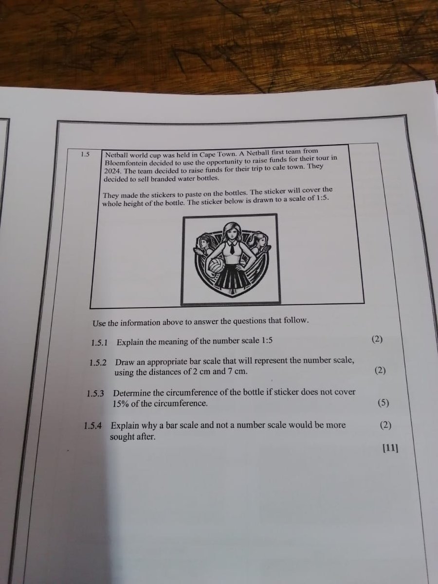 1.5.1 Explain the meaning of the number scale 1:5. 1.5.2 Draw an appropr..