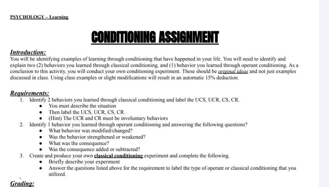 You will be identifying examples of learning through conditioning that ha..