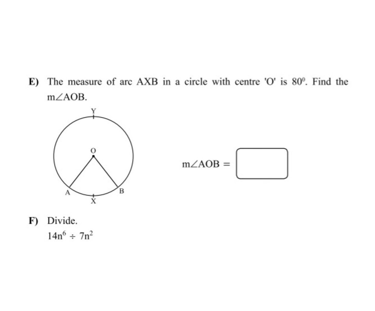 E) The measure of arc AXB in a circle with centre ' O ' is 80 ^ { \circ }..