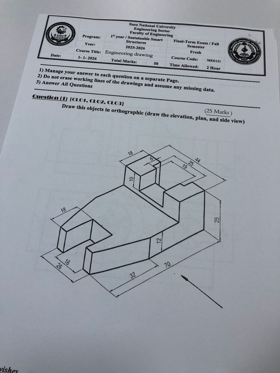 Draw this object in orthographic (draw the elevation, plan, and side view..