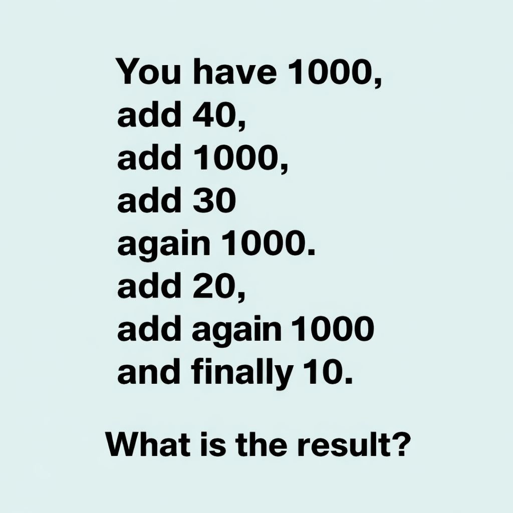 You have 1000, add 40, add 1000, add 30 again 1000, add 20, add again 100..