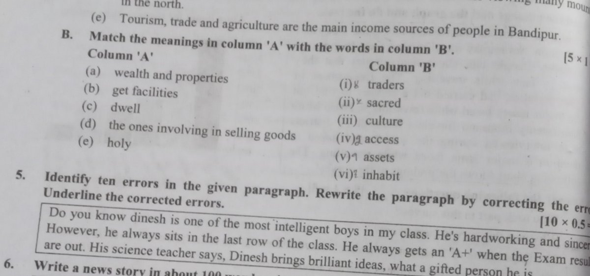 B. Match the meanings in column 'A' with the words in column 'B'. | Colu..