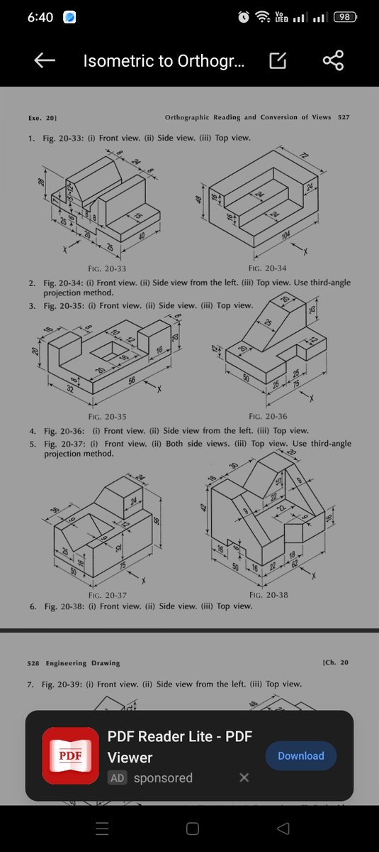 Convert the given isometric diagrams to 2D orthographic projections (fron..