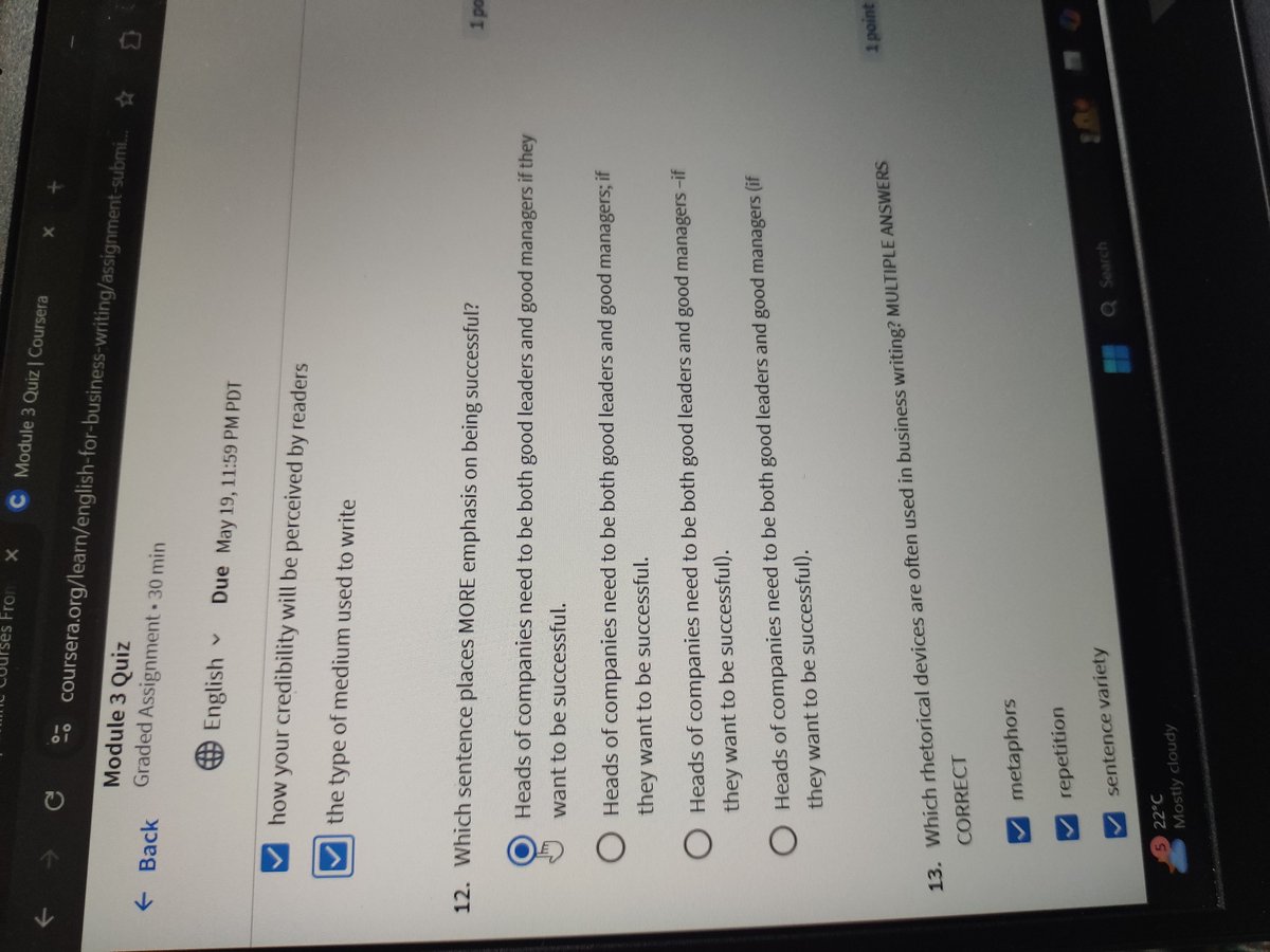 Courses From × C Module 3 Quiz | Coursera ← → C ← Back Back coursera.org/..