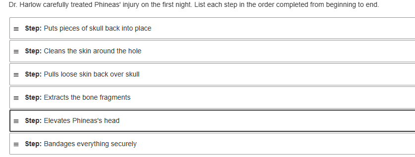 Dr. Harlow carefully treated Phineas' injury on the first night. List eac..