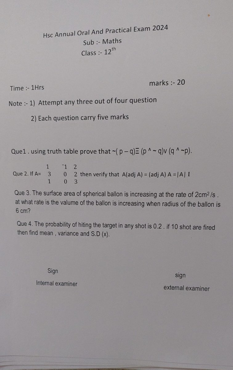 HSC Annual Oral and Practical Exam 2024 - Mathematics (Class 12th) Time:..