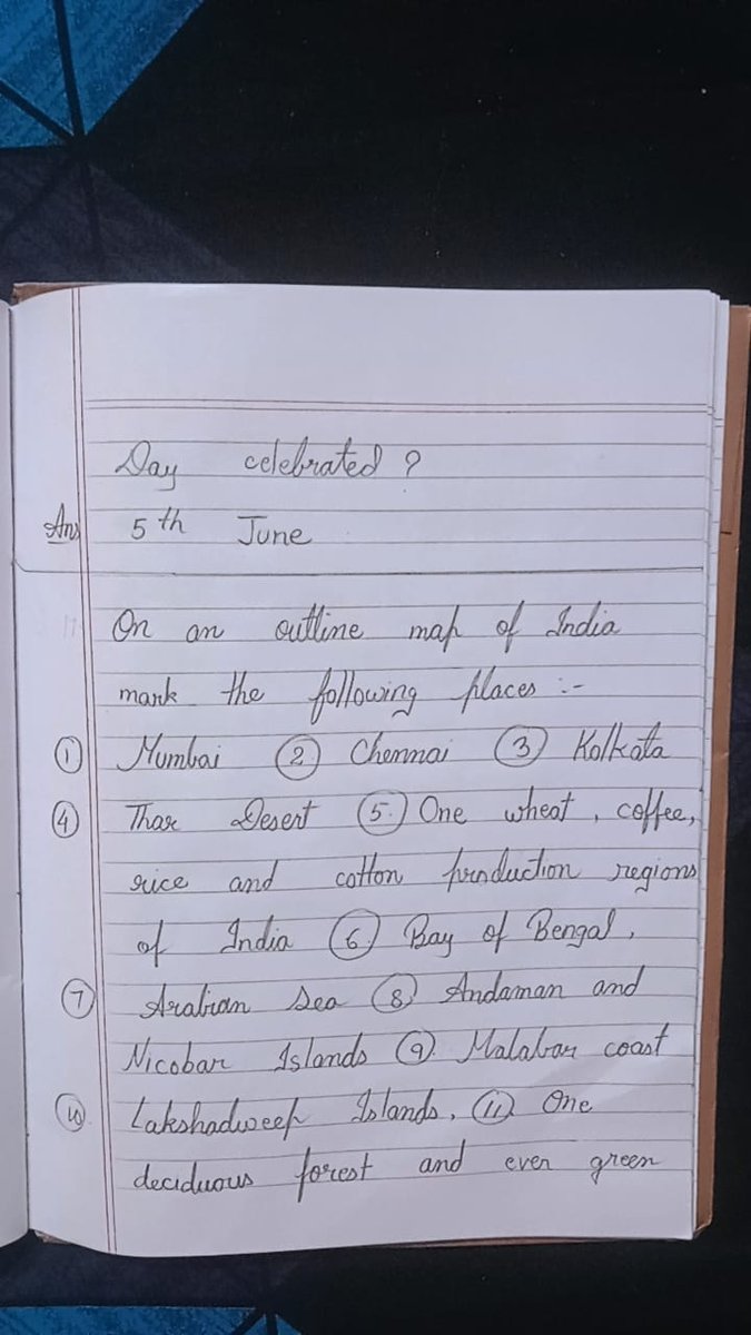 On an outline map of India, mark the following places: Mumbai Chennai Kol..