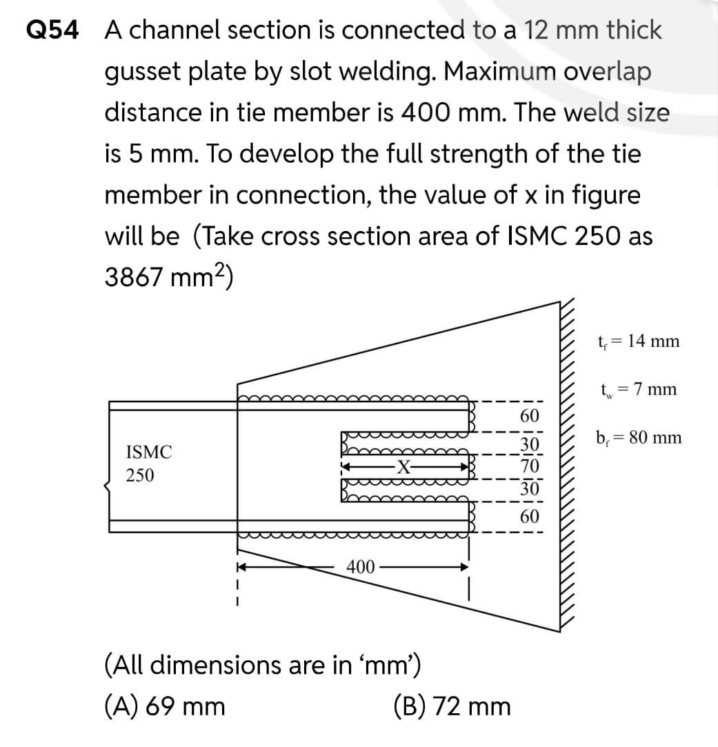 Q54 A channel section is connected to a 12 mm thick gusset plate by slot