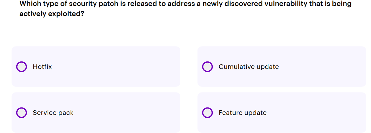 Which type of security patch is released to address a newly discovered vu..