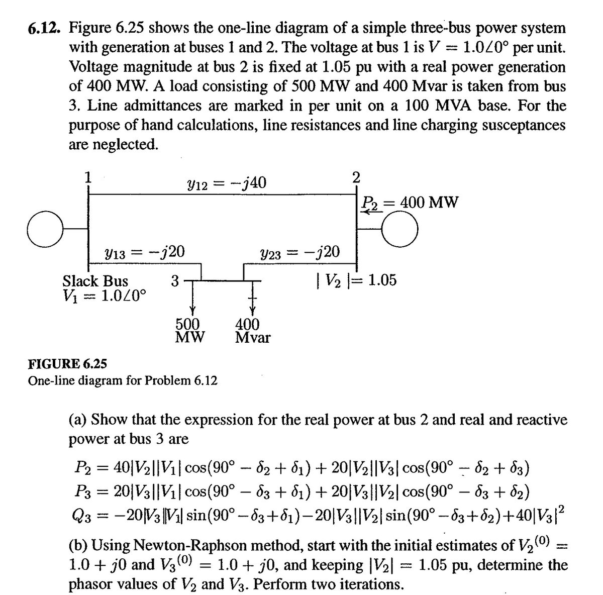 6.12. Figure 6.25 shows the one-line diagram of a simple three-bus power