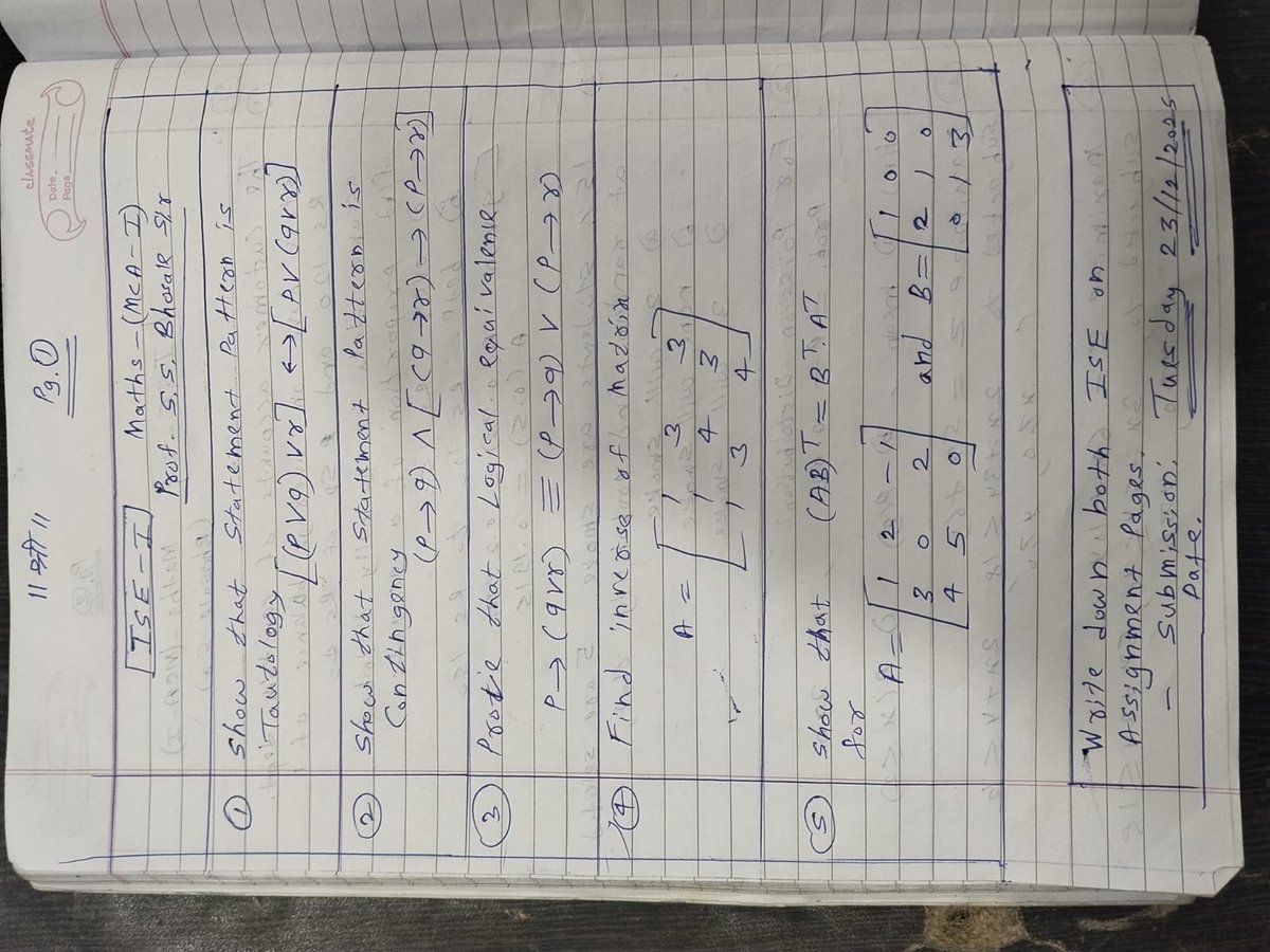Show that the statement pattern [(P \lor q) \lor r] \leftrightarrow [P