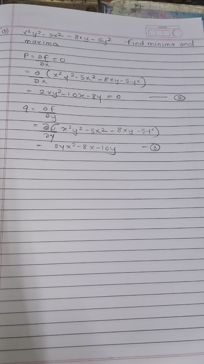 Find the minima and maxima of the function: f(x, y) = x^2y^2 - 5x^2 - 8x..