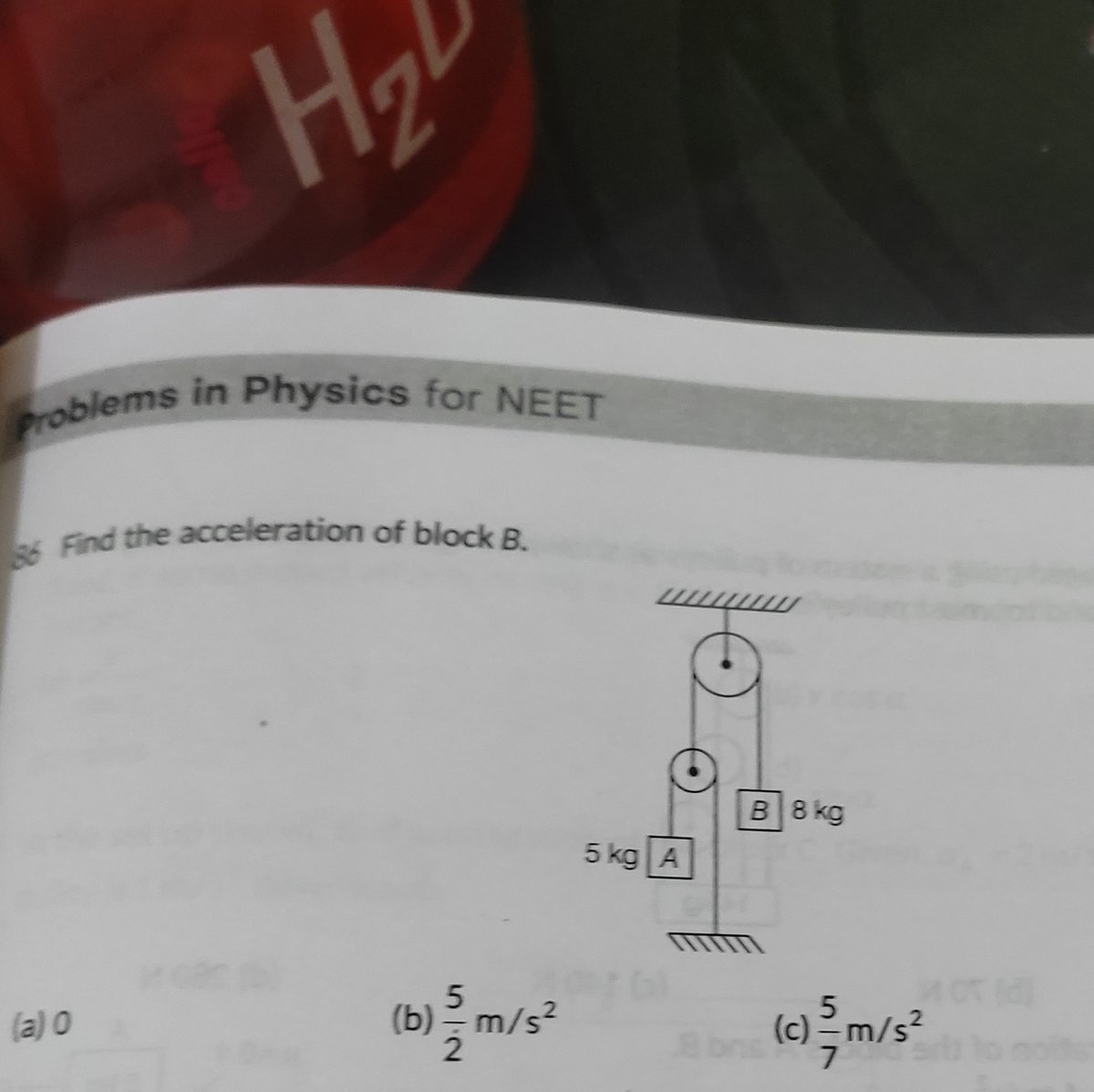 Find the acceleration of block B. Block A has a mass of 5 kg and Block B