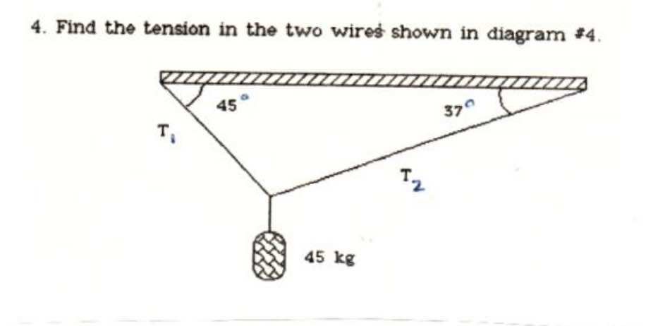 Find the tension in the two wires shown in diagram #4. The diagram shows