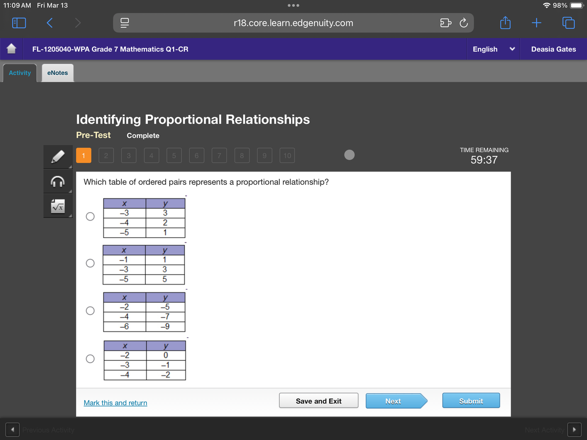 Which table of ordered pairs represents a proportional relationship? | x..