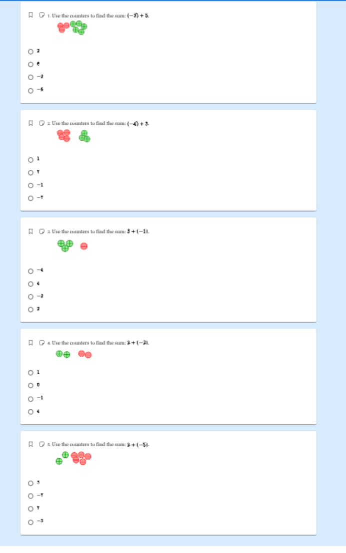 Use the counters to find the sum: (-3) + 5. Use the counters to find the