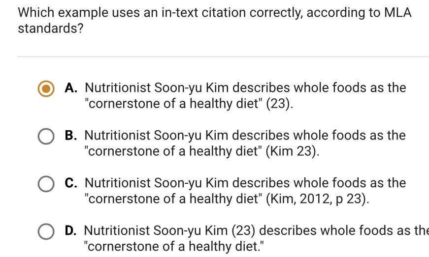 Which example uses an in-text citation correctly, according to MLA standa..