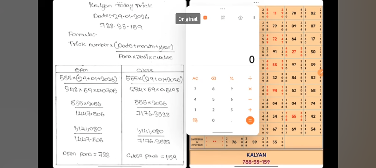 Kalyan Today Trick Date: 29-01-2026 Given numbers: 788-36-159 Formula: T..