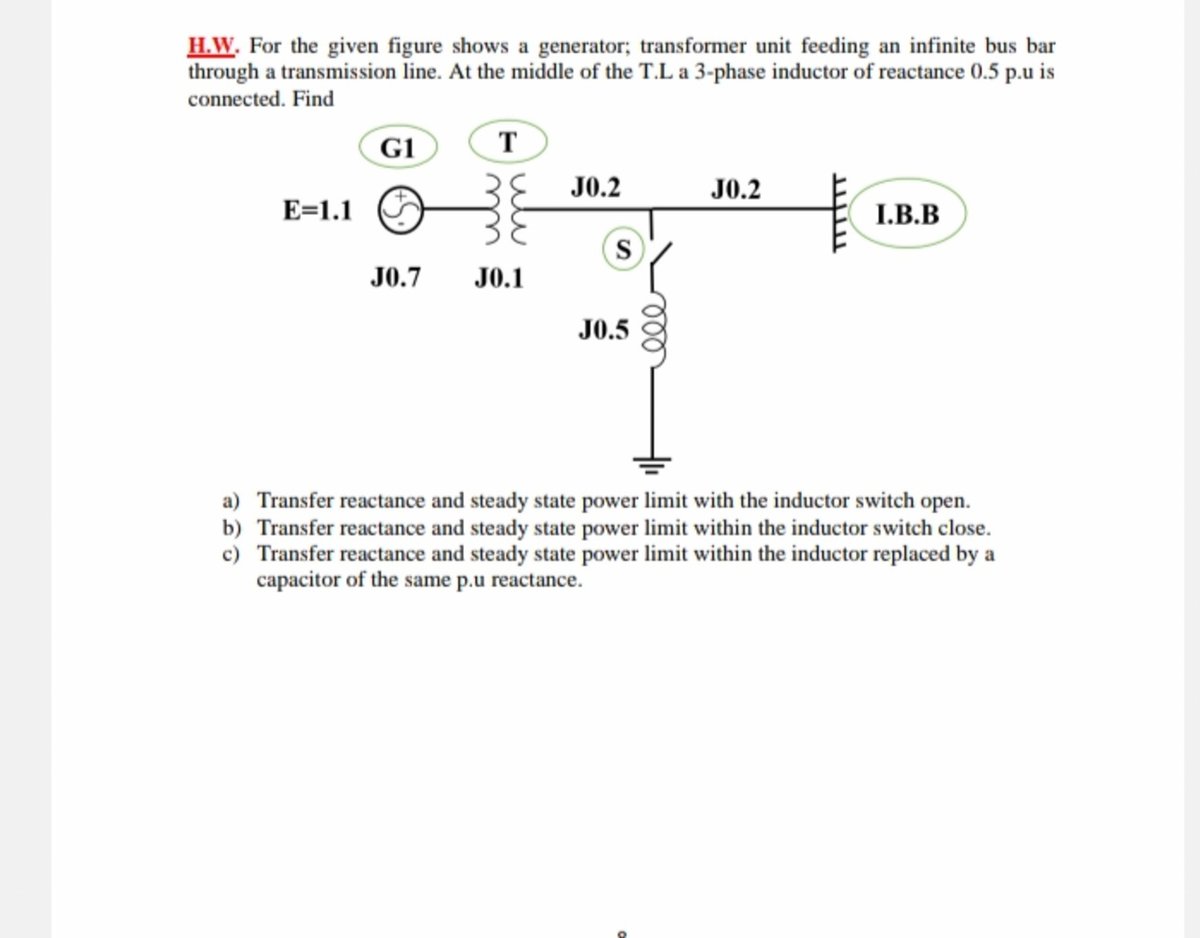 H.W. For the given figure shows a generator; transformer unit feeding an