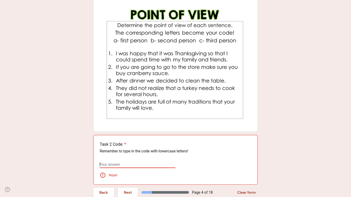 Determine the point of view of each sentence. The corresponding letters b..