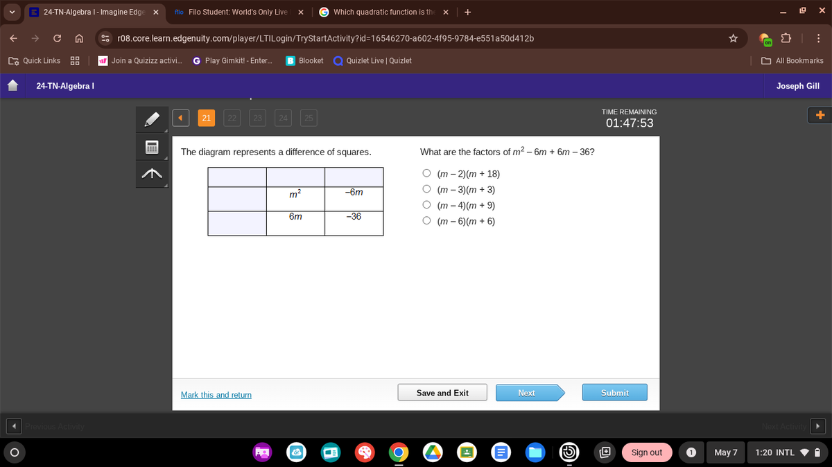 The diagram represents a difference of squares. What are the factors of m..
