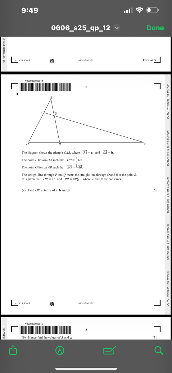 The diagram shows the triangle OAB, where OA = a and OB = b. The point P