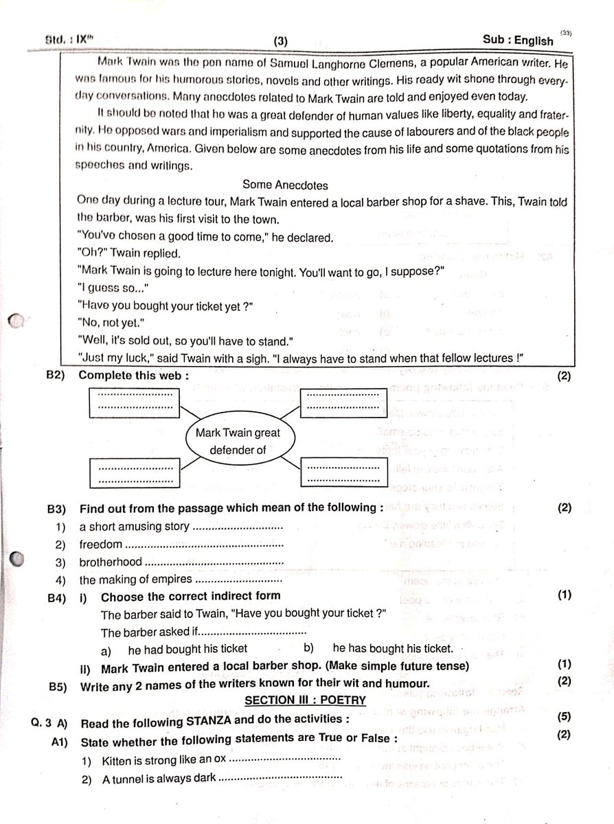 English Questions for Std. IX Passage: Mark Twain was the pen name of Sa..