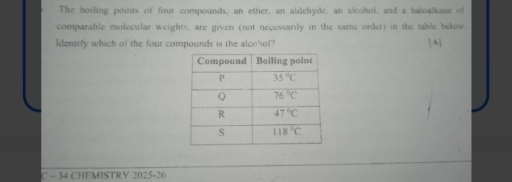 The boiling points of four compounds; an ether, an aldehyde, an alcohol,