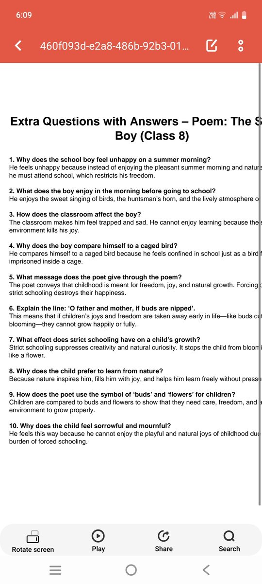 Extra Questions with Answers – Poem: The School Boy (Class 8) Why does t..