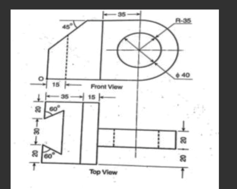 Given the front and top views of a mechanical part with the following dim..