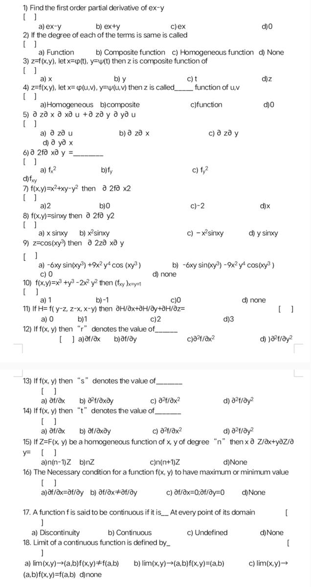 Multiple Choice Questions on Partial Derivatives and Functions 1) Find t..