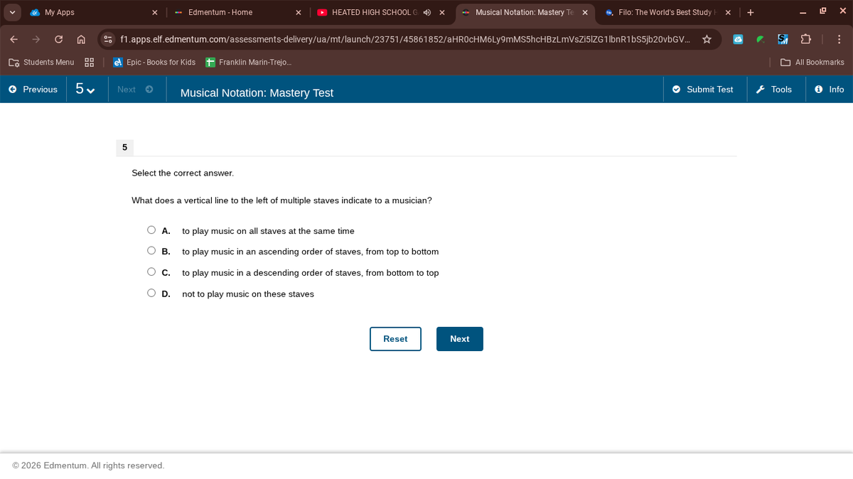 What does a vertical line to the left of multiple staves indicate to a mu..
