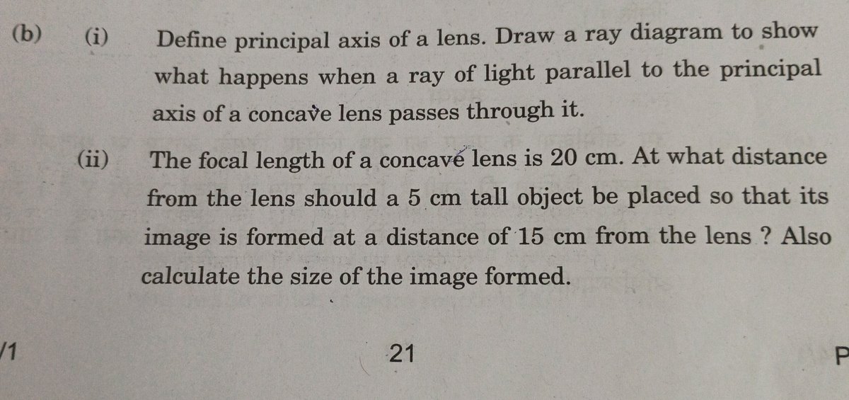 (b) (i) Define principal axis of a lens. Draw a ray diagram to show what