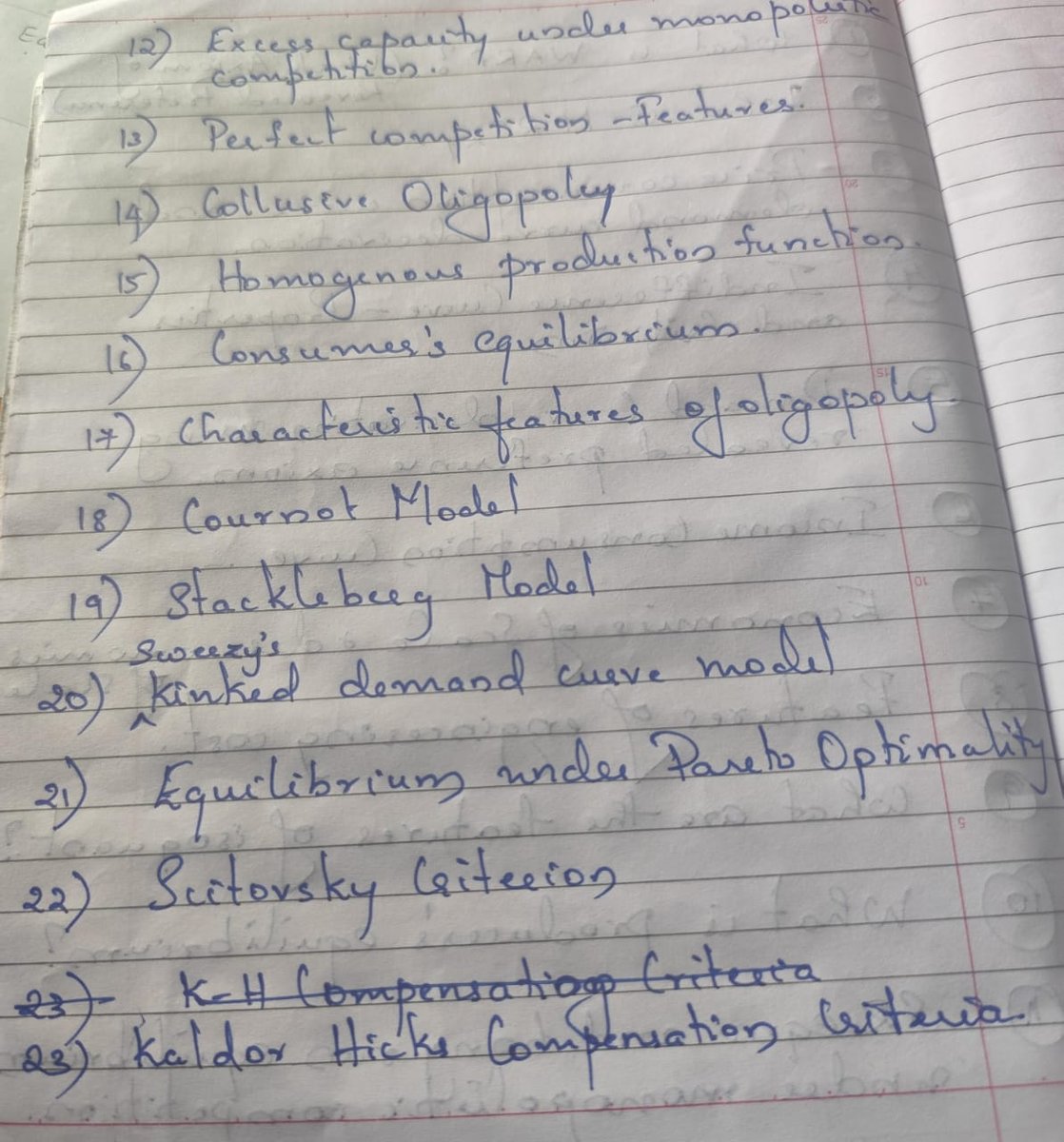 12) Excess capacity under monopolistic competition. 13) Perfect competiti..
