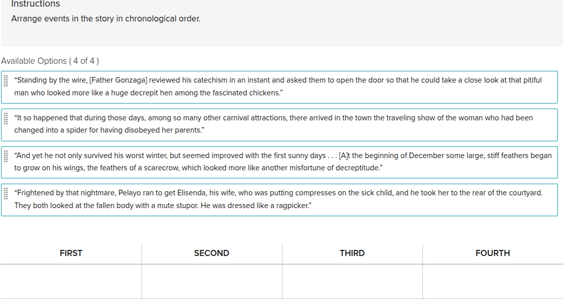 Arrange events in the story in chronological order. Available Options: