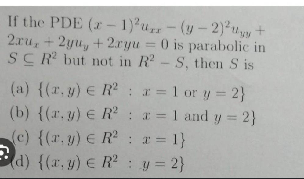 Consider the partial differential equation (PDE): (x - 1)^2 u_{xx} - (y